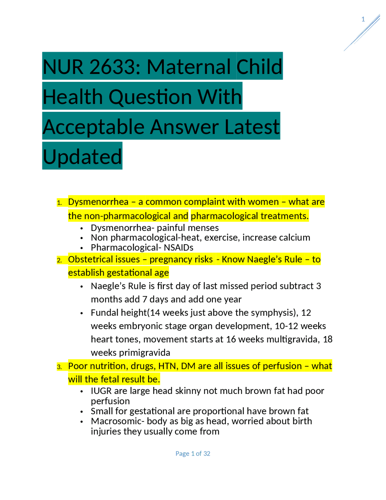Maternal Child Health Questions and Answers | Exams Nursing | Docsity