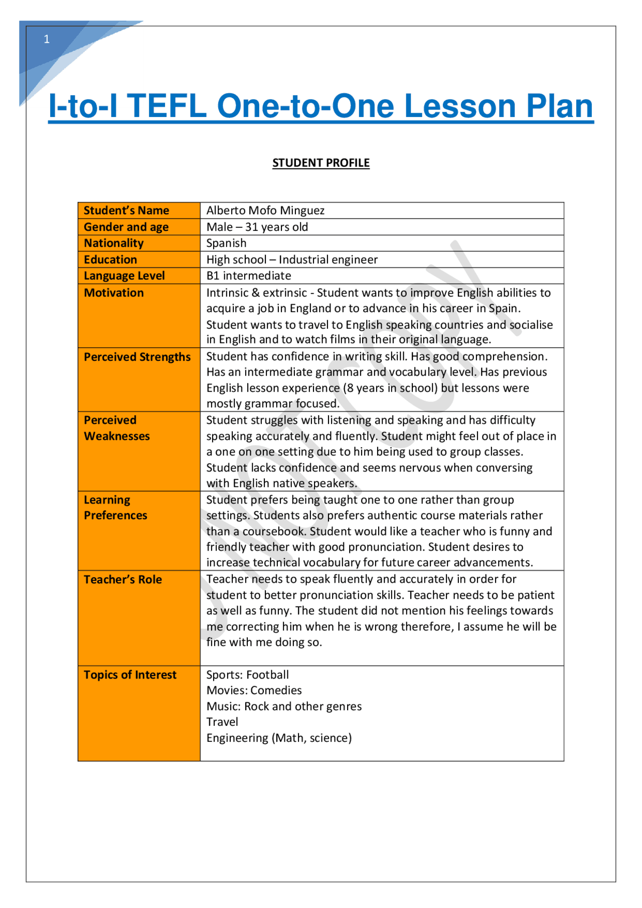 I-to-I TEFL One-to-One Lesson Plan | Exams English Literature | Docsity