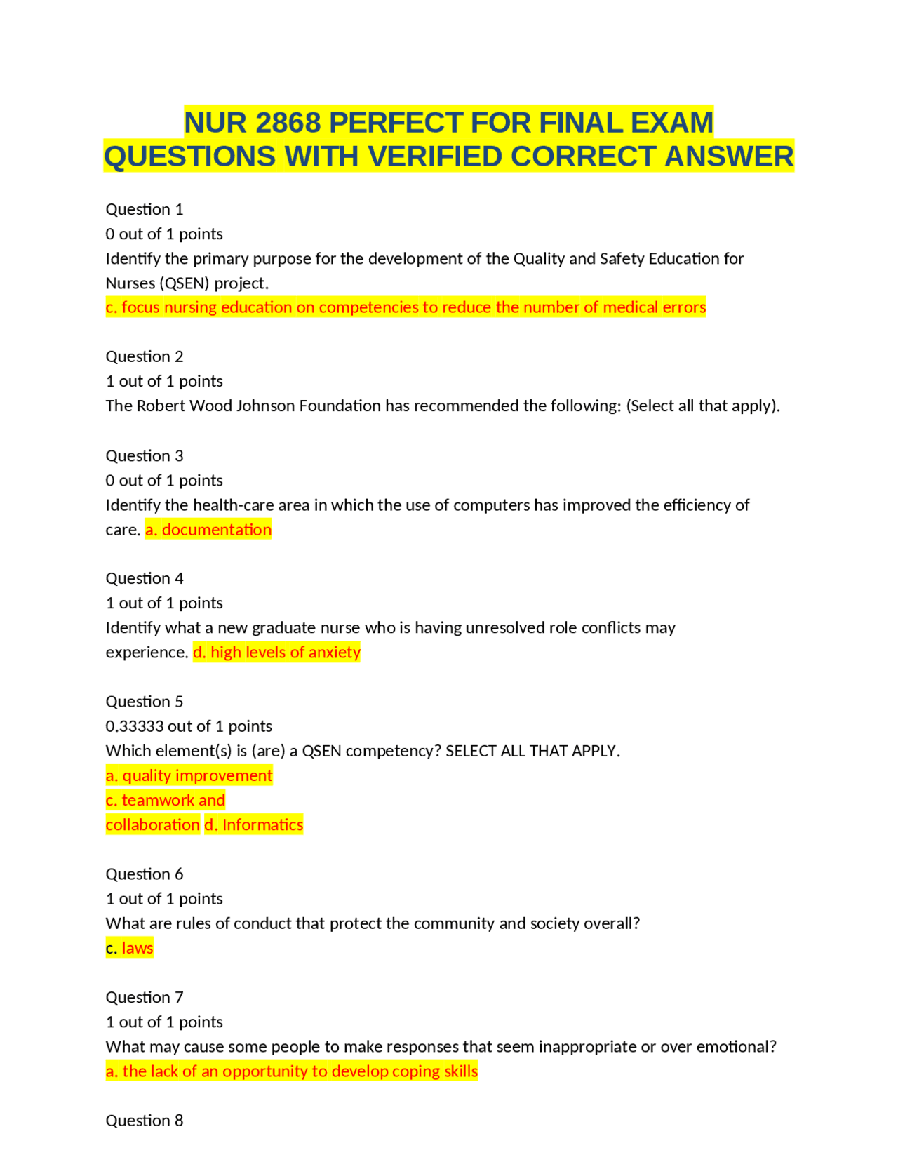 NUR 2868 PERFECT FOR FINAL EXAM QUESTIONS WITH VERIFIED CORRECT ANSWER | Exams Nursing | Docsity