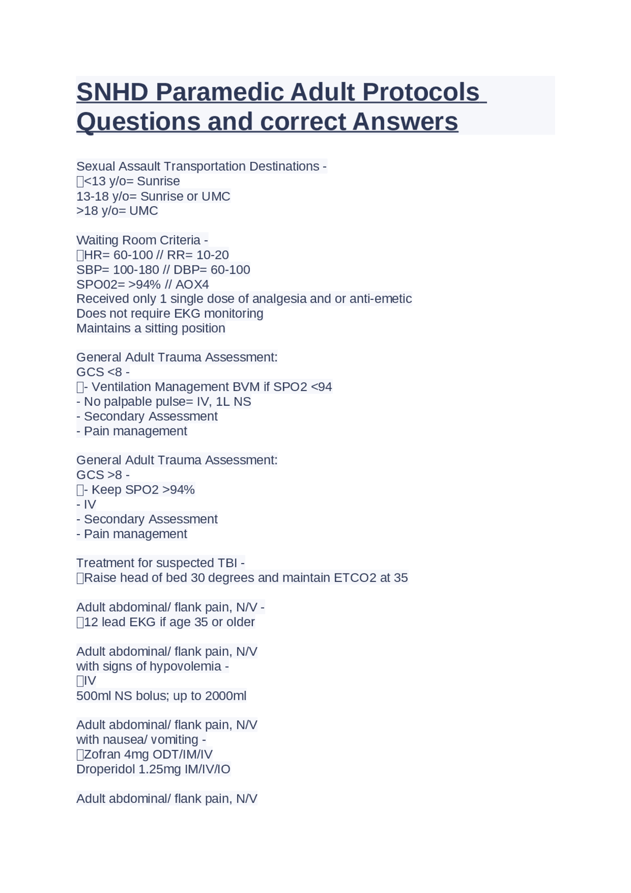 SNHD Paramedic Adult Protocols Questions and correct Answers | Exams ...