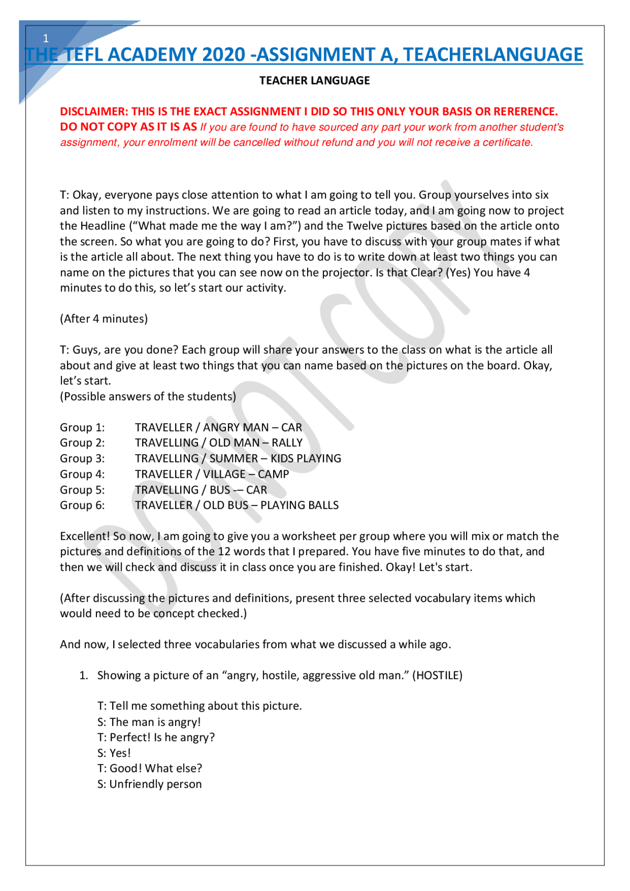 THE TEFL ACADEMY 2020 -ASSIGNMENT A, TEACHER LANGUAGE | Exams English Literature | Docsity