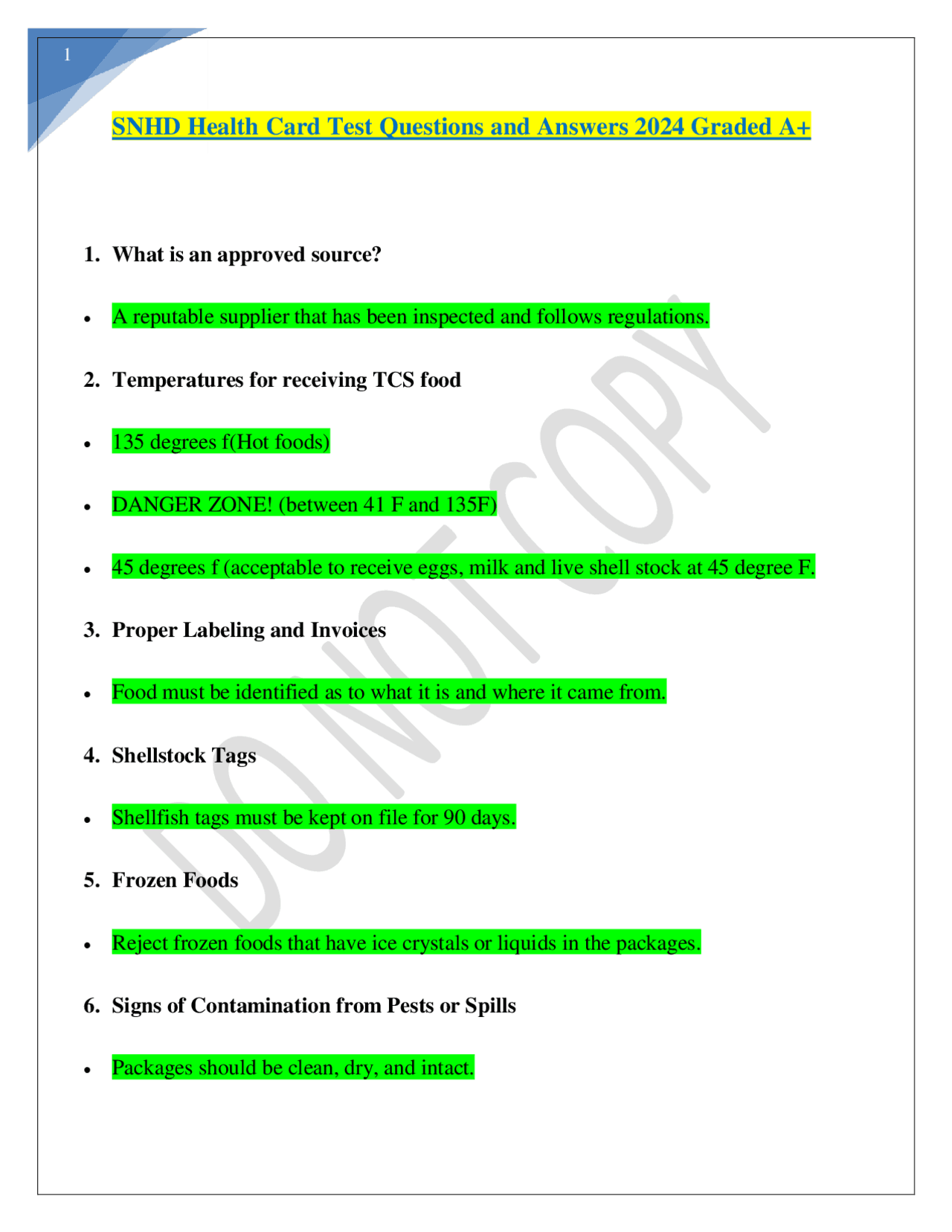 SNHD Health Card Test Questions and Answers | Exams Nursing | Docsity