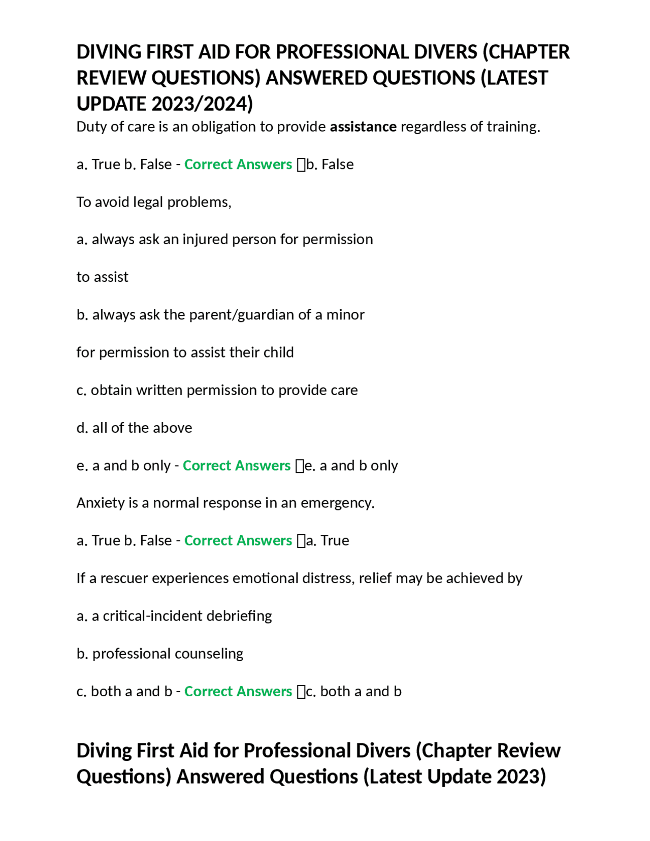 DIVING FIRST AID FOR PROFESSIONAL DIVERS (CHAPTER REVIEW QUESTIONS ...