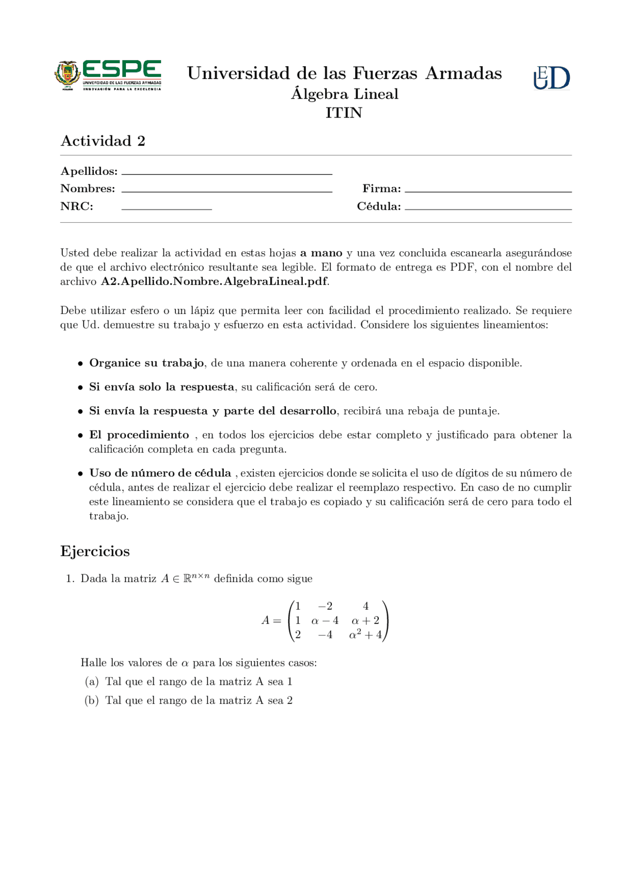 Actividad 2 de Álgebra Lineal en Universidad de las Fuerzas Armadas | Ejercicios de Álgebra ...