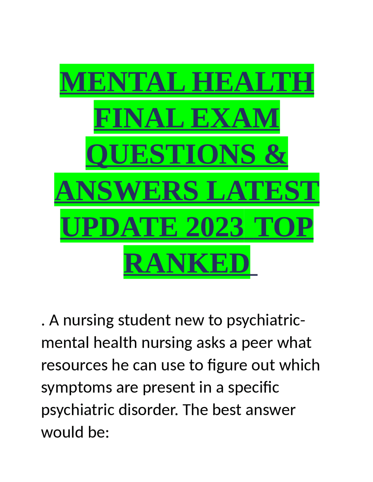 Mental Health Final Exam Questions And Answers Latest Update 2023 Top Ranked Exams Nursing Docsity