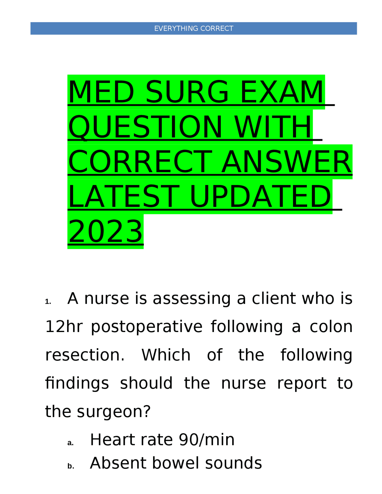MED SURG EXAM QUESTION WITH CORRECT ANSWER LATEST UPDATED 2023 | Exams ...