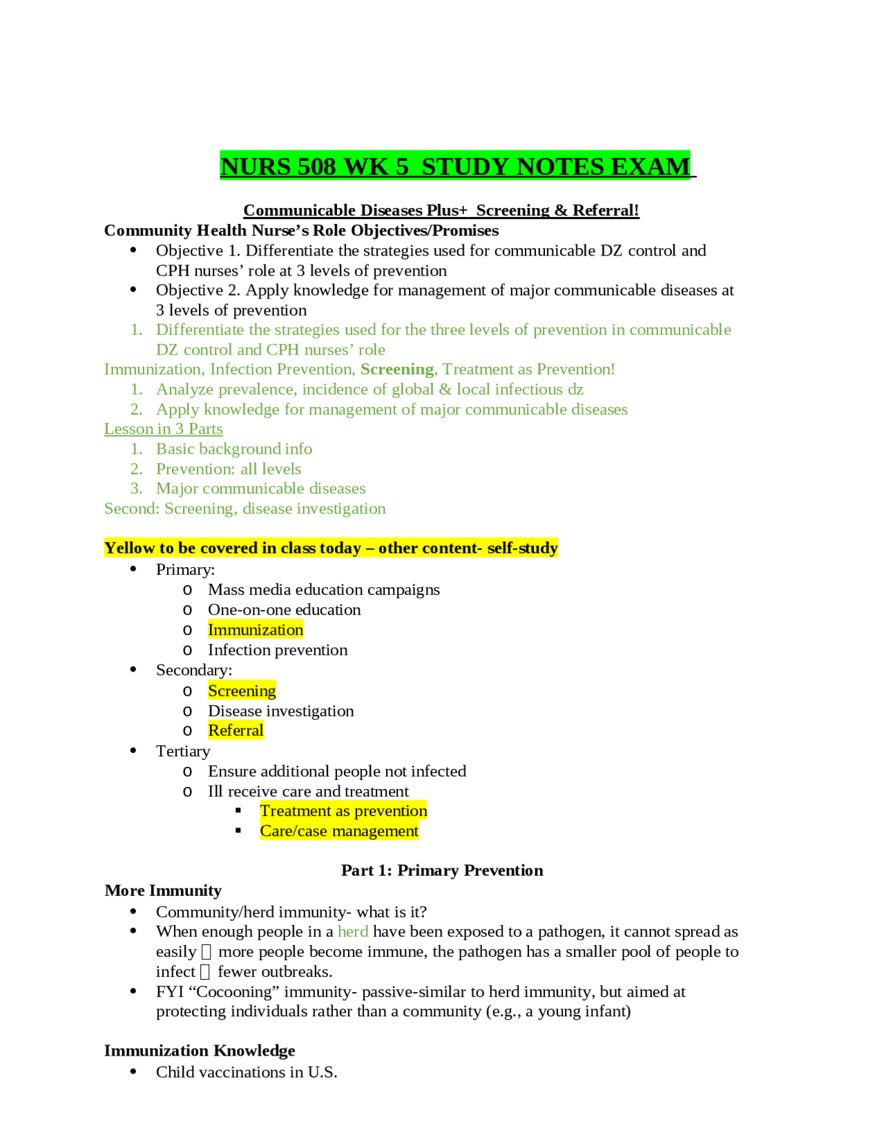 NURS 508 WK 5 STUDY NOTES EXAM Communicable Diseases Plus+ Screening ...