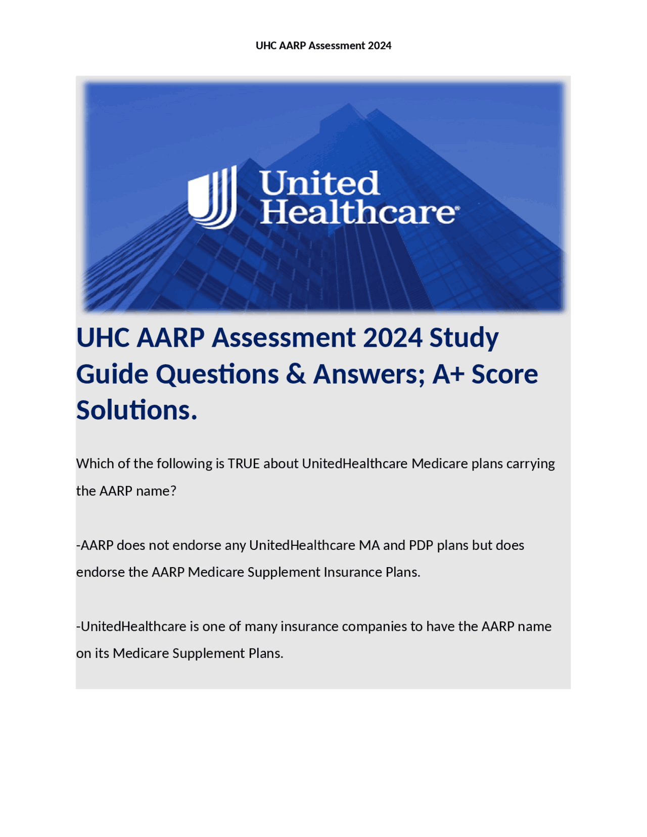 UHC AARP Assessment 2024 Study Guide Questions & Answers; A+ Score Solutions. | Exams Nursing ...