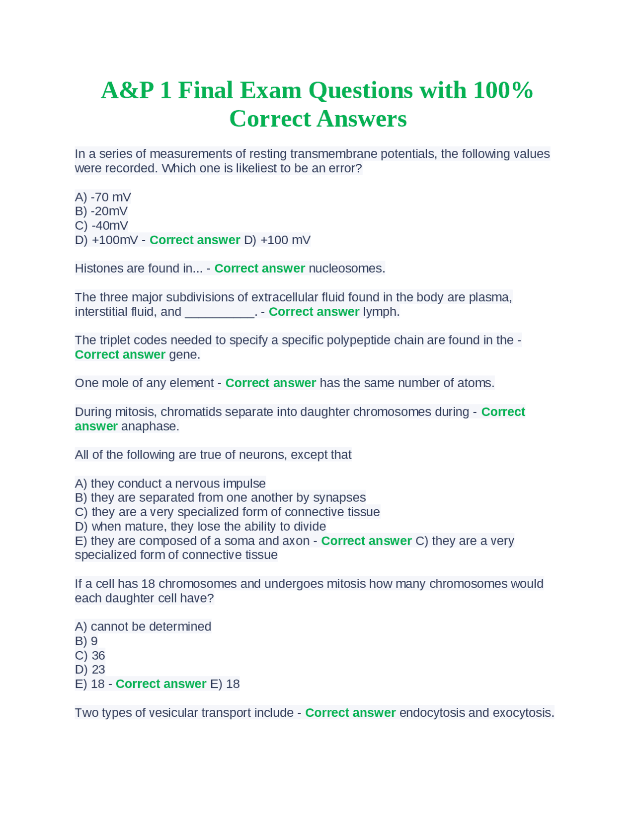 A&P 1 Final Exam Questions with 100% Correct Answers | Exams Animal ...