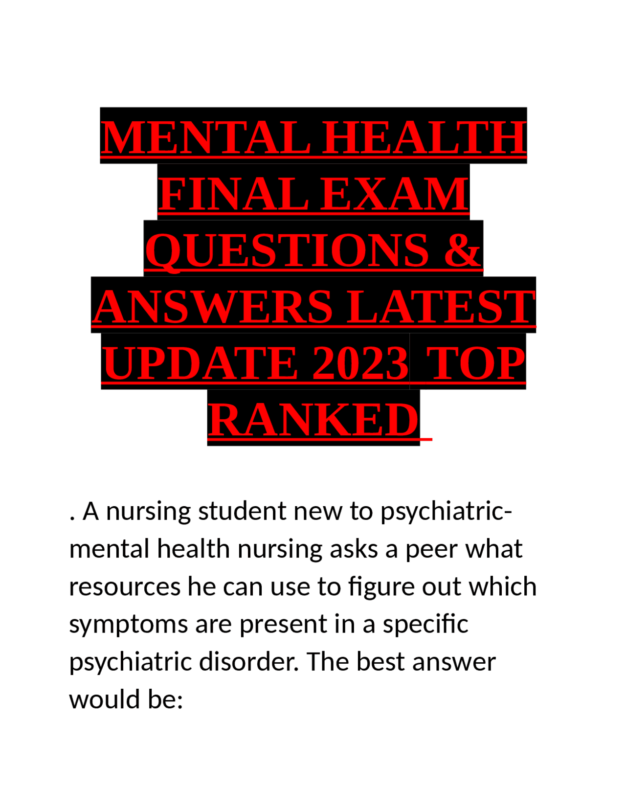 MENTAL HEALTH FINAL EXAM QUESTIONS & ANSWERS LATEST UPDATE 2023 TOP ...