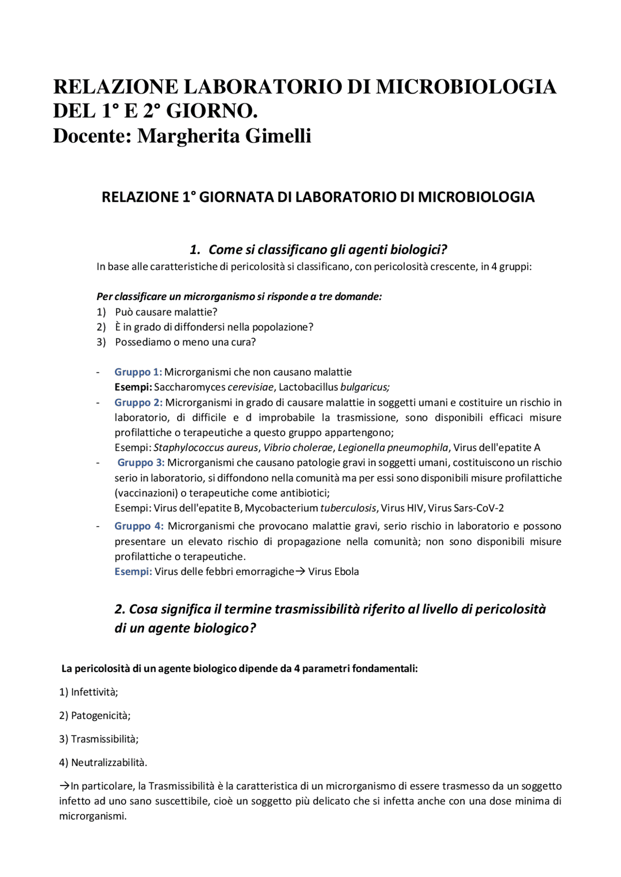 Relazione laboratorio di MICROBIOLOGIA GENERALE del 1° e 2° GIORNO SCBI eCampus Ferreri A ...
