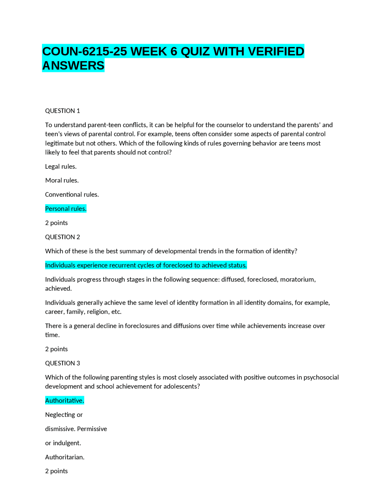 COUN-6215-25 WEEK 6 QUIZ WITH VERIFIED ANSWERS | Exams Humanities | Docsity