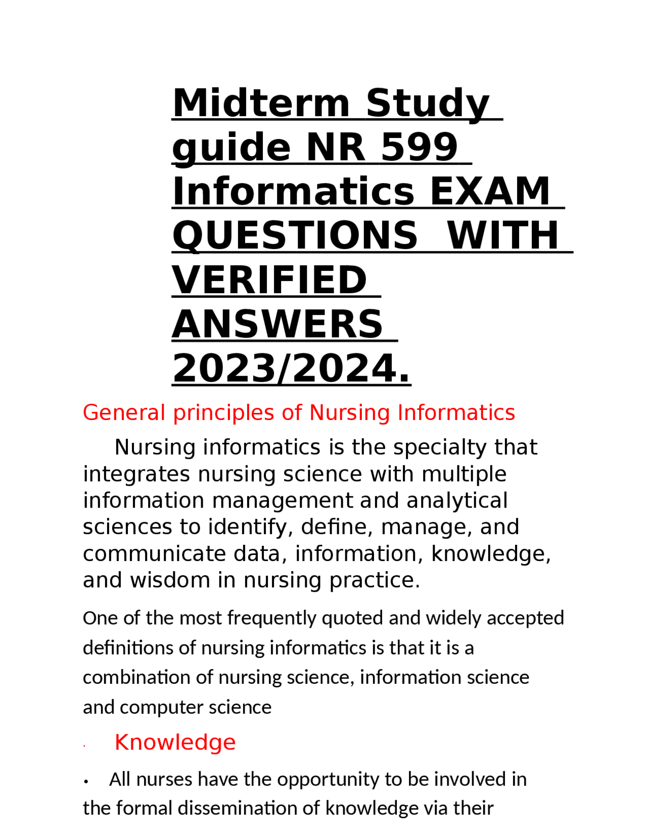Nursing Informatics Study Guide | Exams Nursing | Docsity