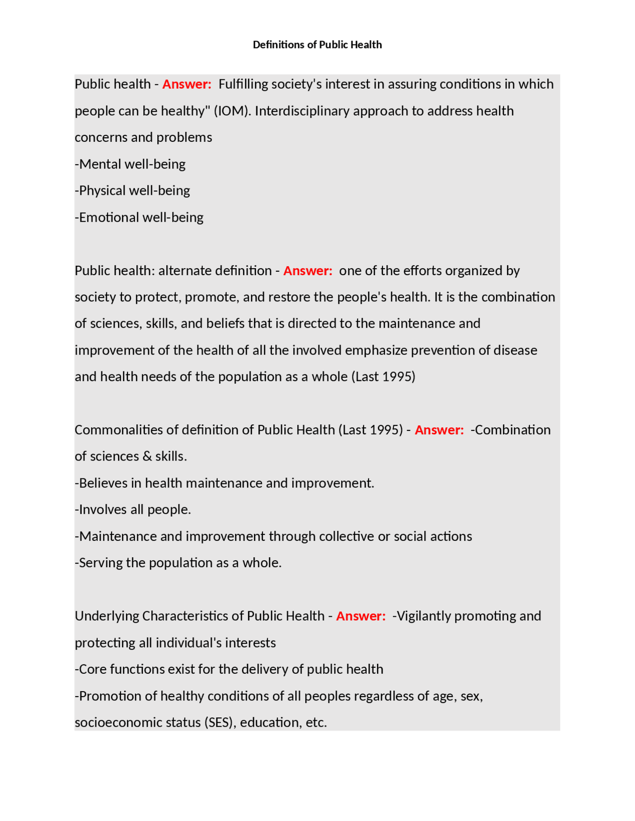 Definitions and Core Functions of Public Health | Exams Nursing | Docsity