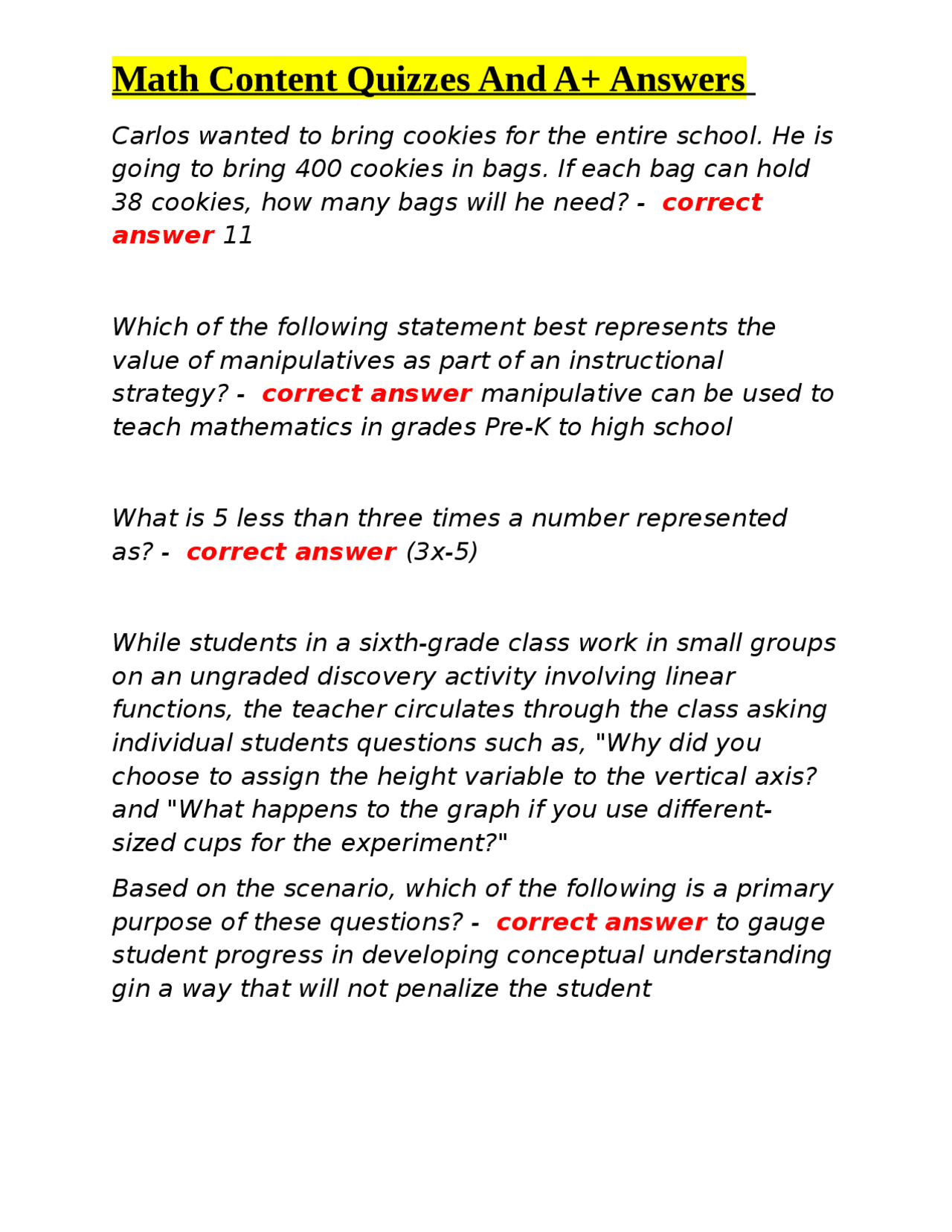 Math Content Quizzes And A+ Answers | Exams Mathematics | Docsity