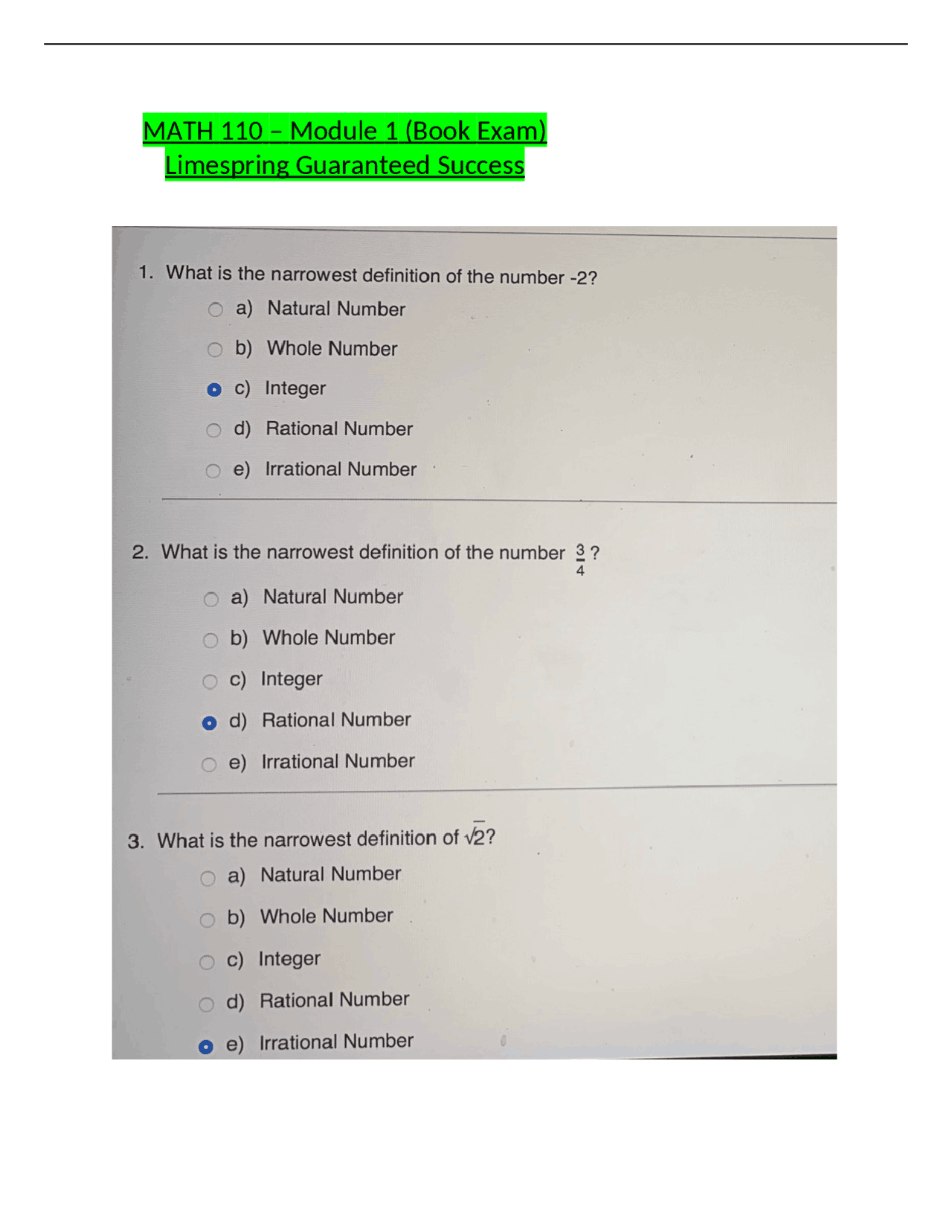 MATH 110 – Module 1 (Book Exam) Limespring Guaranteed Success | Exams ...