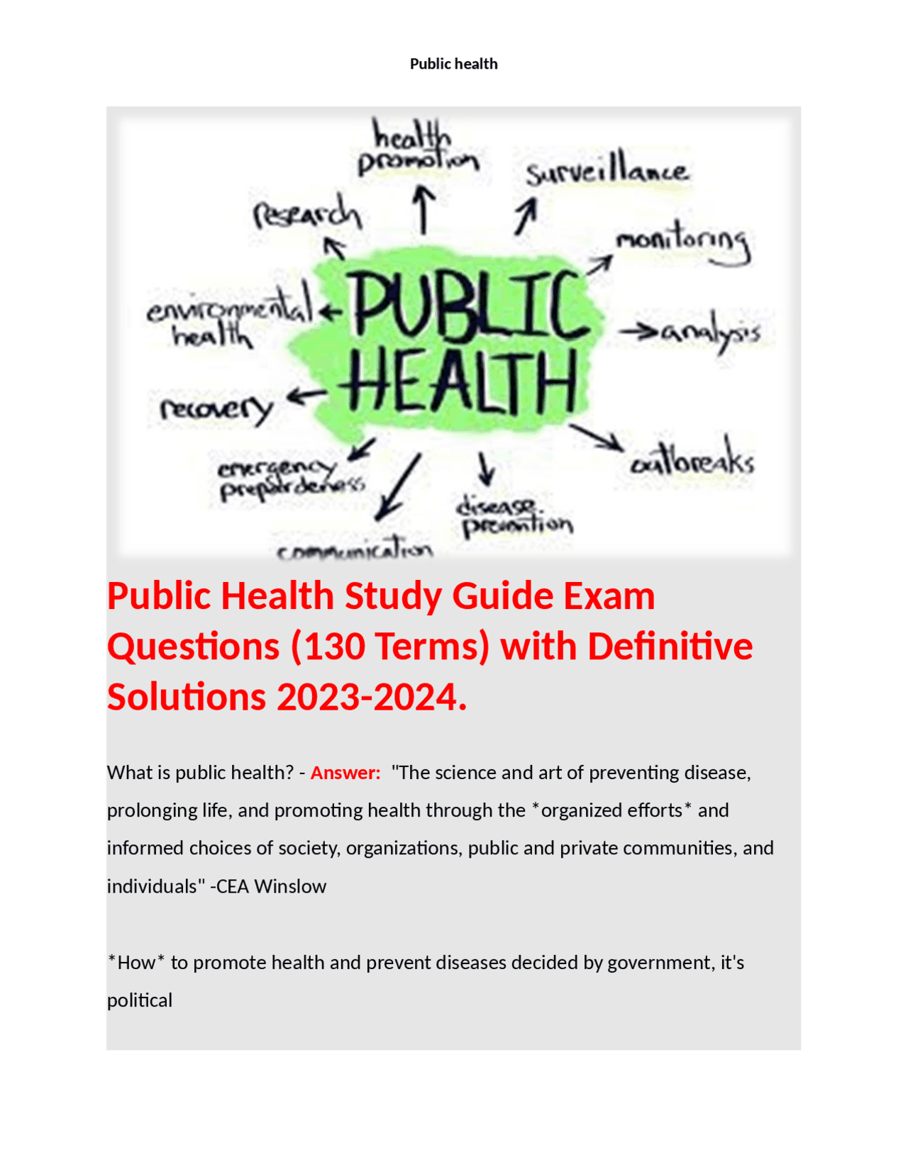 Public Health Study Guide Exam Questions (130 Terms) with Definitive ...
