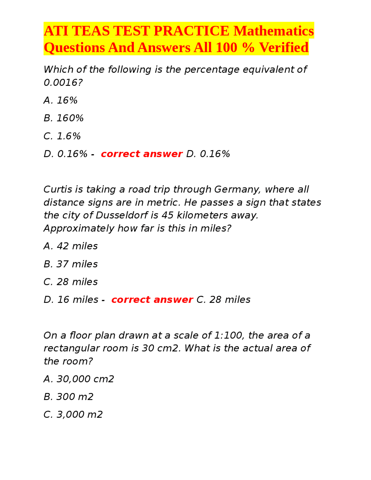 ATI TEAS TEST PRACTICE Mathematics Questions And Answers All 100 % ...