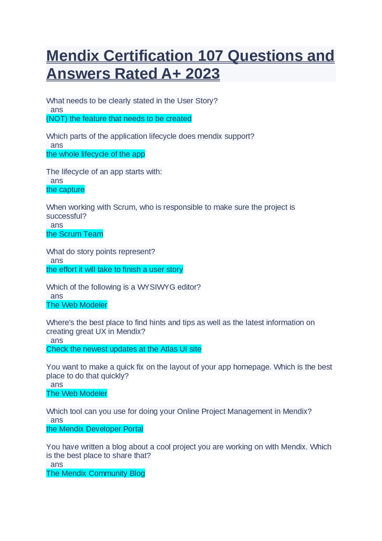 Mendix Certification 107 Questions and Answers Rated A+ 2023 | Exams Computer Science | Docsity