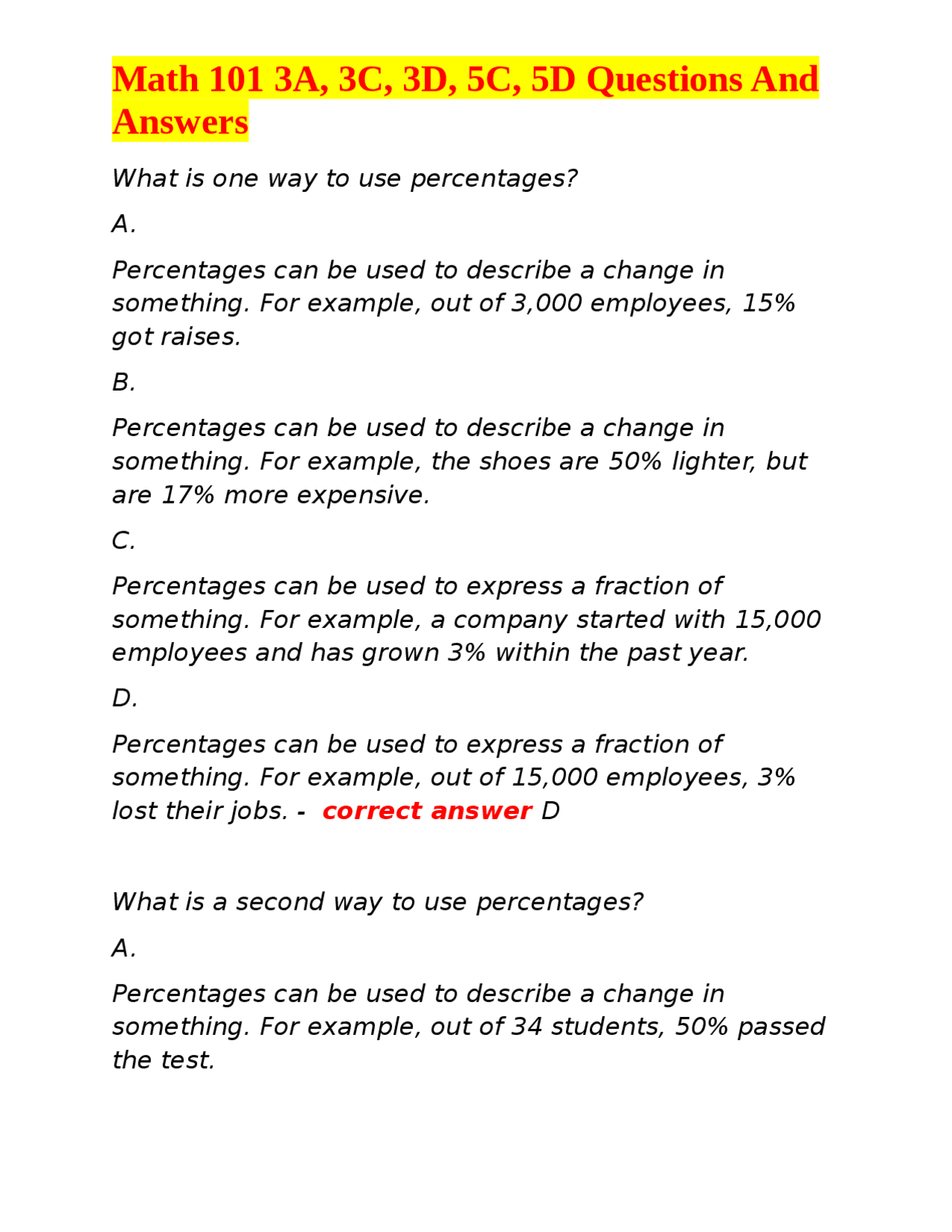 Math 101: Percentages Questions and Answers | Exams Mathematics | Docsity