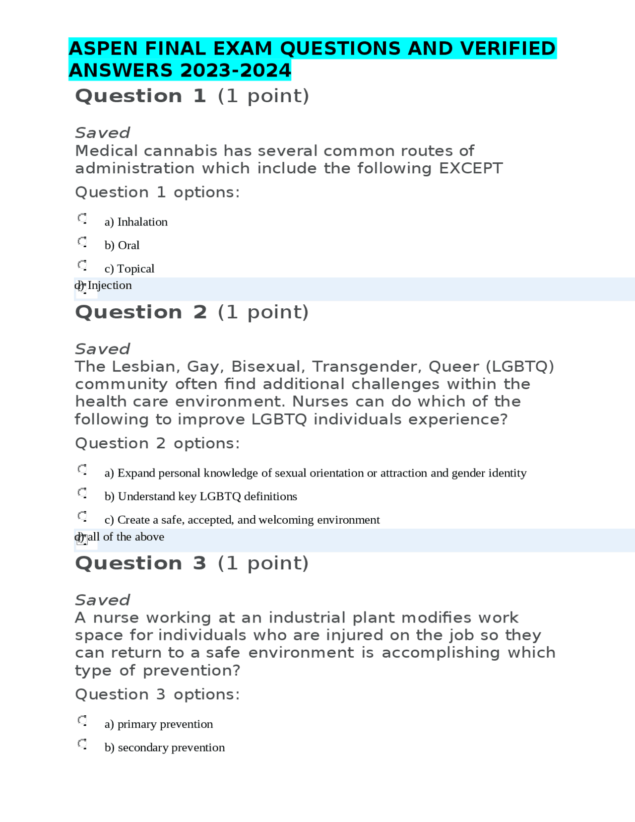 ASPEN FINAL EXAM QUESTIONS AND VERIFIED ANSWERS 2023-2024 | Exams ...
