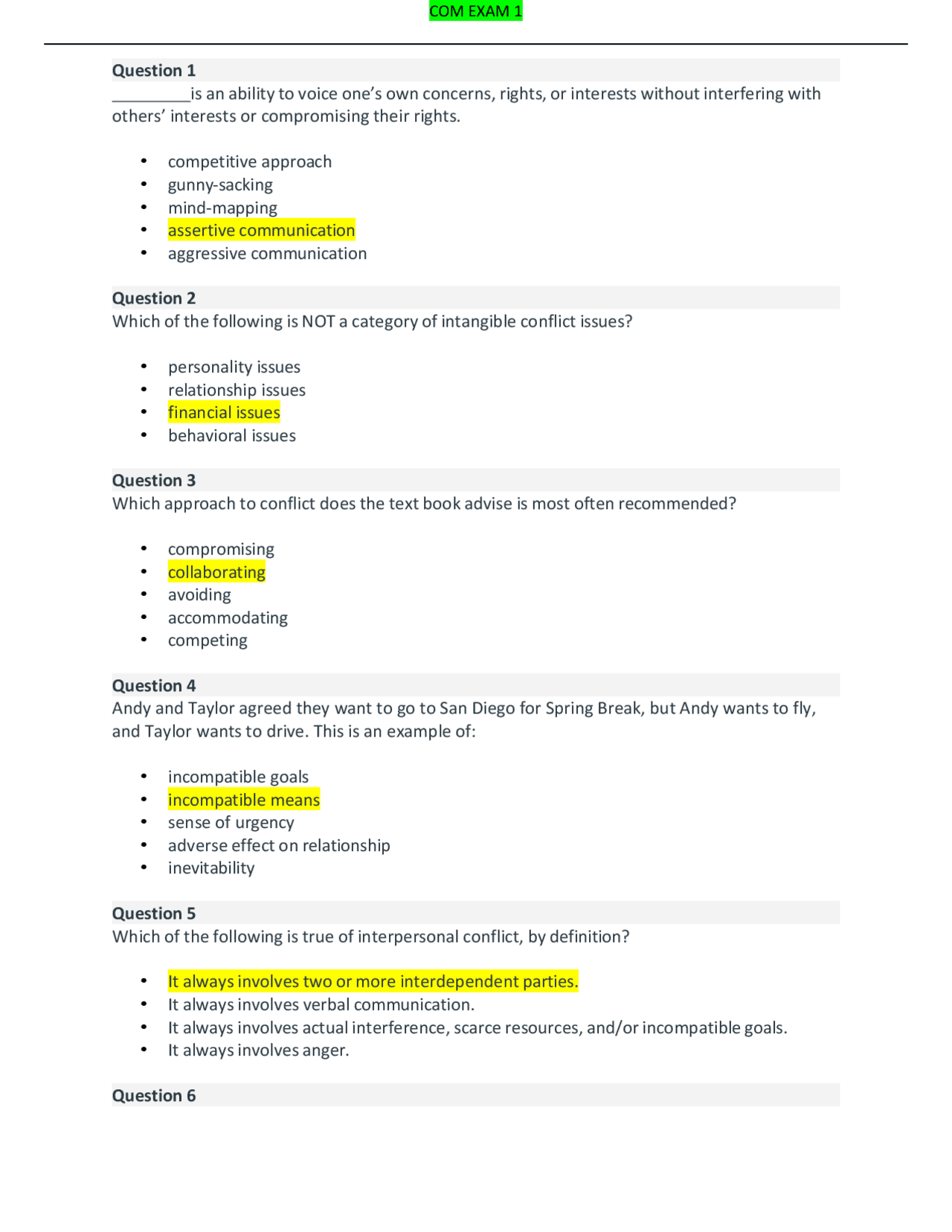 Interpersonal Conflict and Communication Exam Questions | Exams Nursing | Docsity