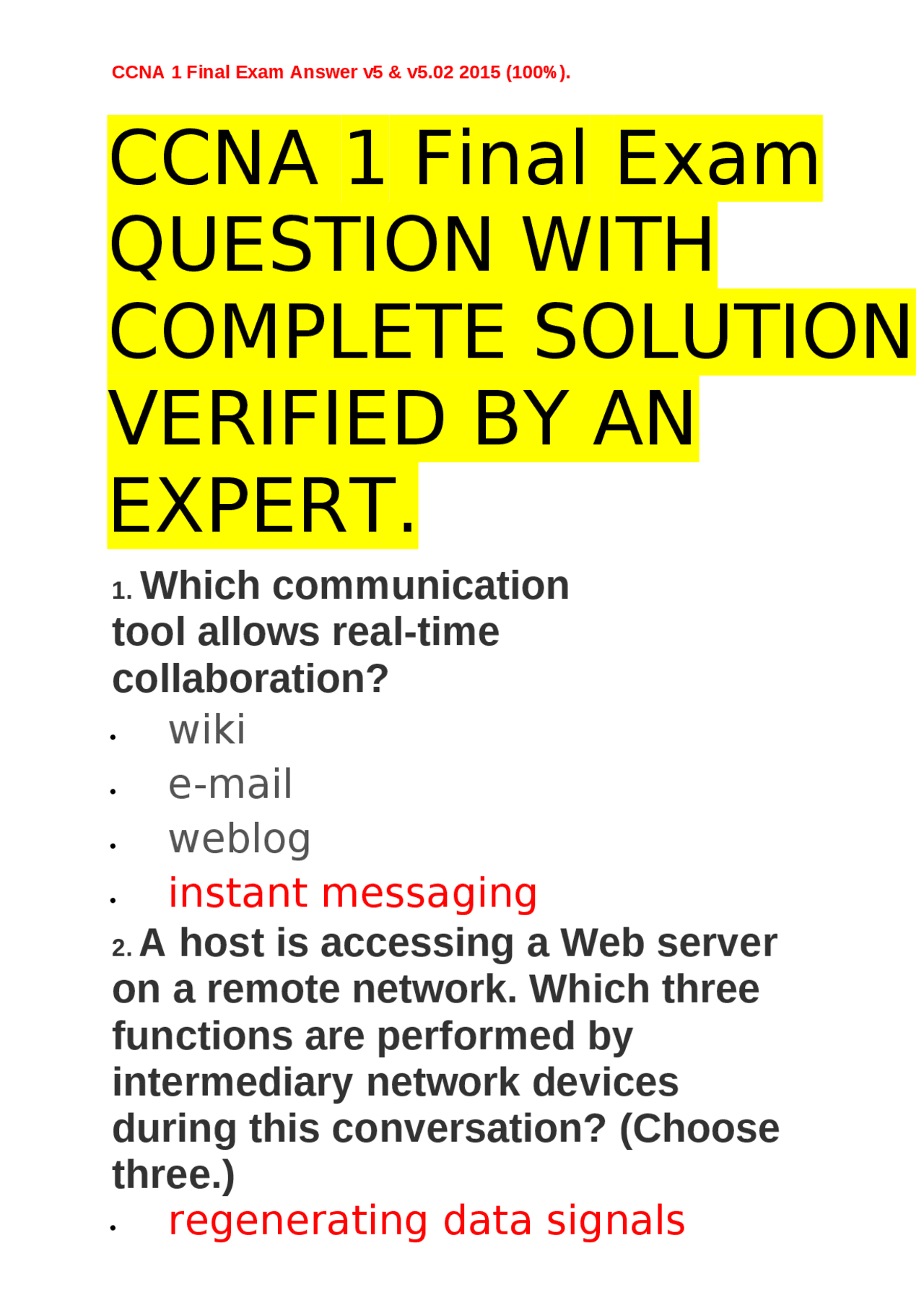 CCNA 1 Final Exam Answer v5 & v5.02 2015 (100%) | Exams Information ...