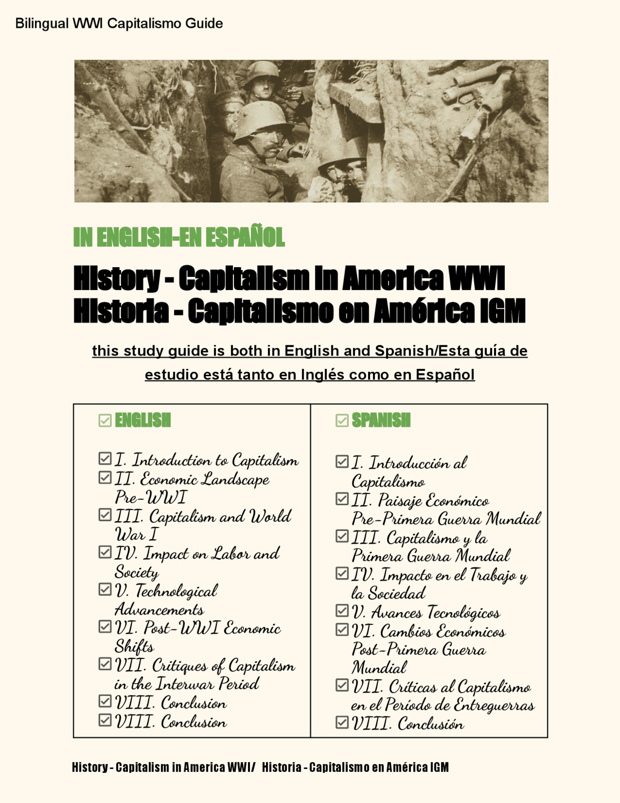 WWI Capitalism Study Guide: Bilingual Edition (English and Spanish ...