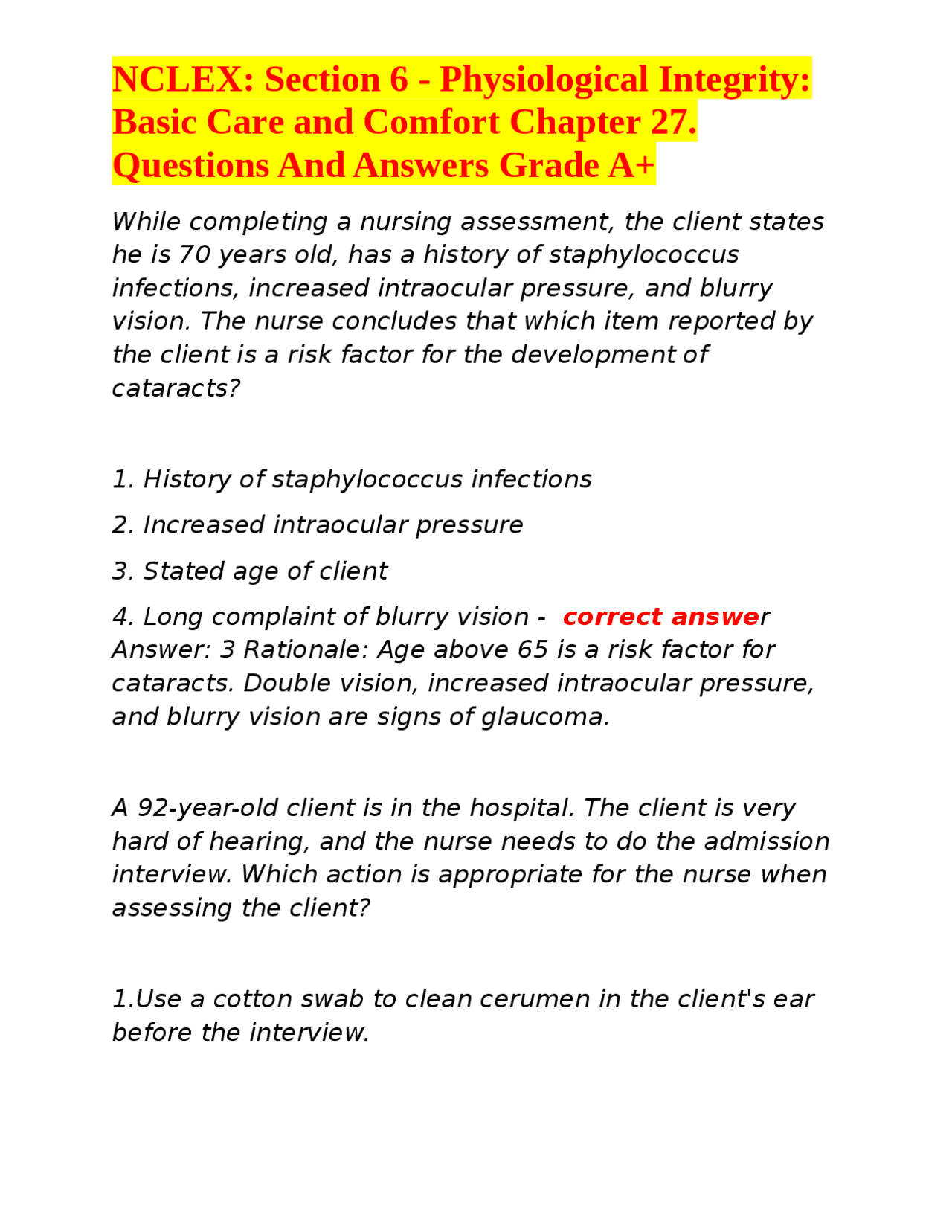 NCLEX: Section 6 - Physiological Integrity: Basic Care and Comfort ...