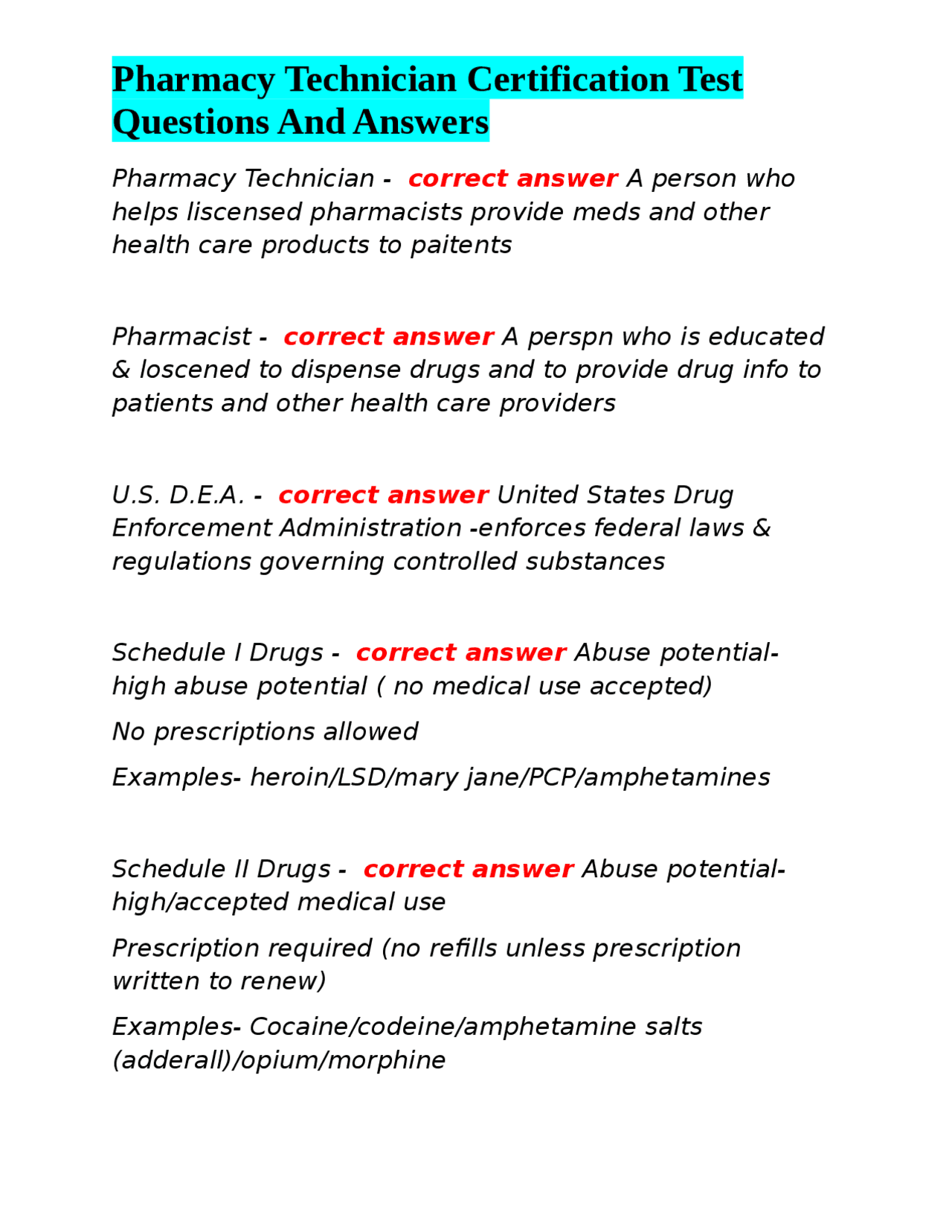 Pharmacy Technician Certification Test Questions And Answers | Exams ...