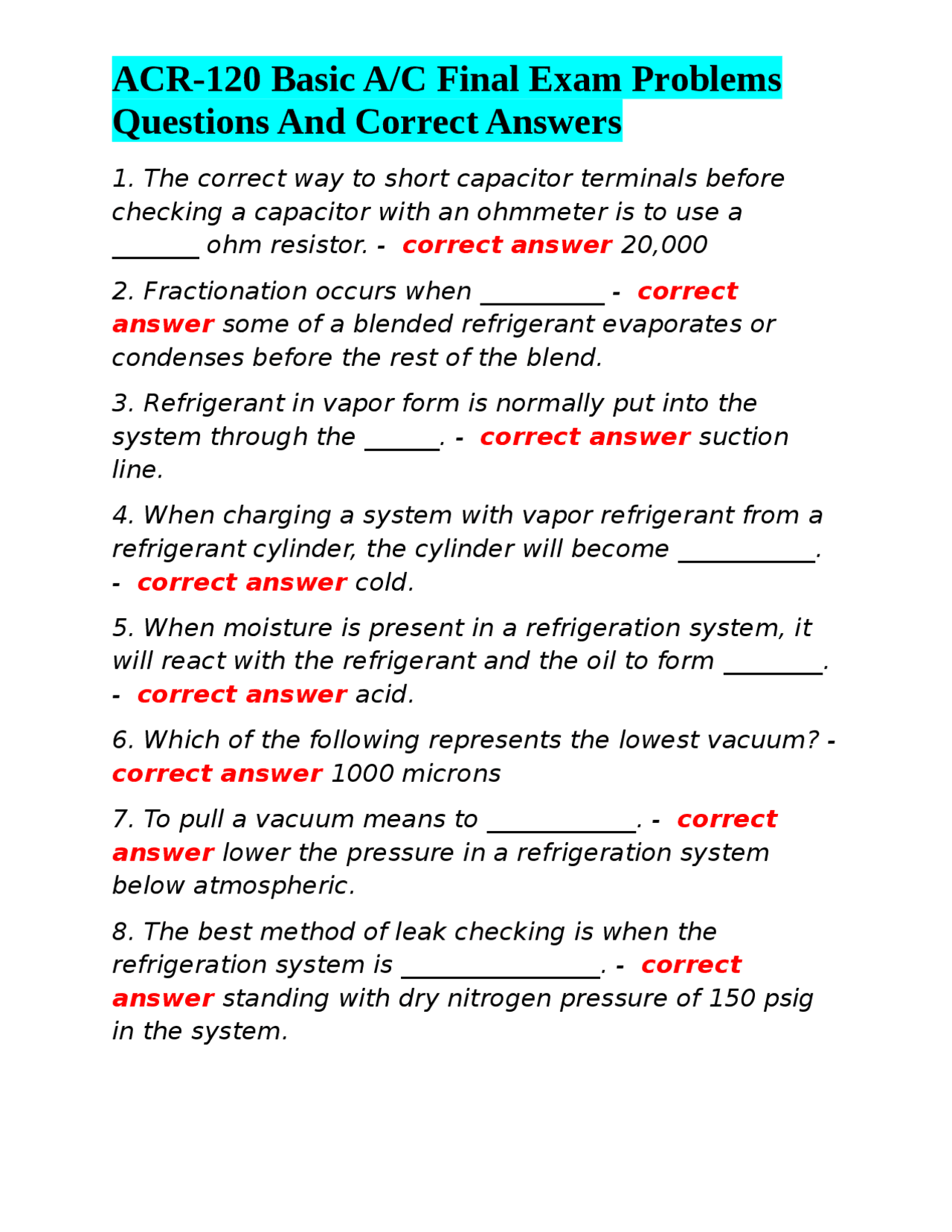ACR-120 Basic A/C Final Exam Problems Questions And Correct Answers ...
