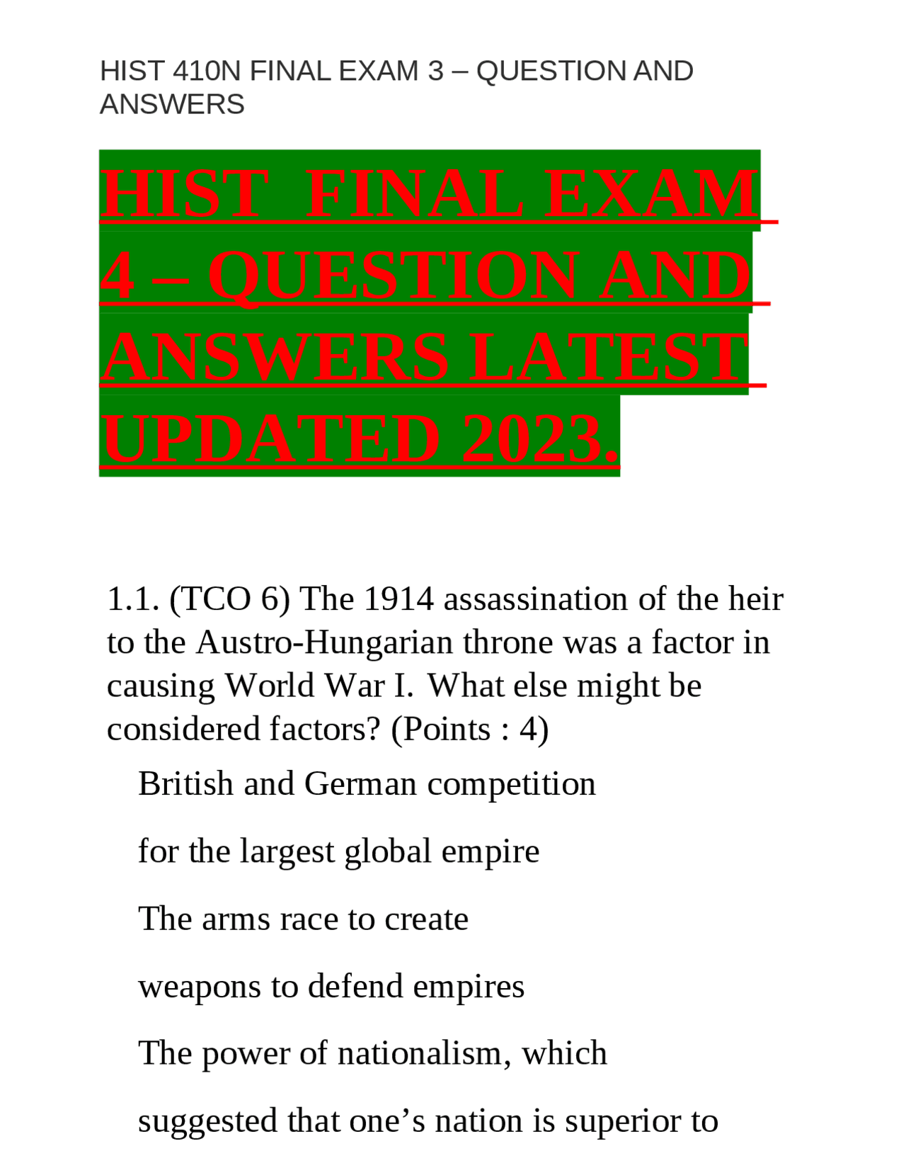 HIST FINAL EXAM 4 – QUESTION AND ANSWERS LATEST UPDATED 2023. | Exams ...