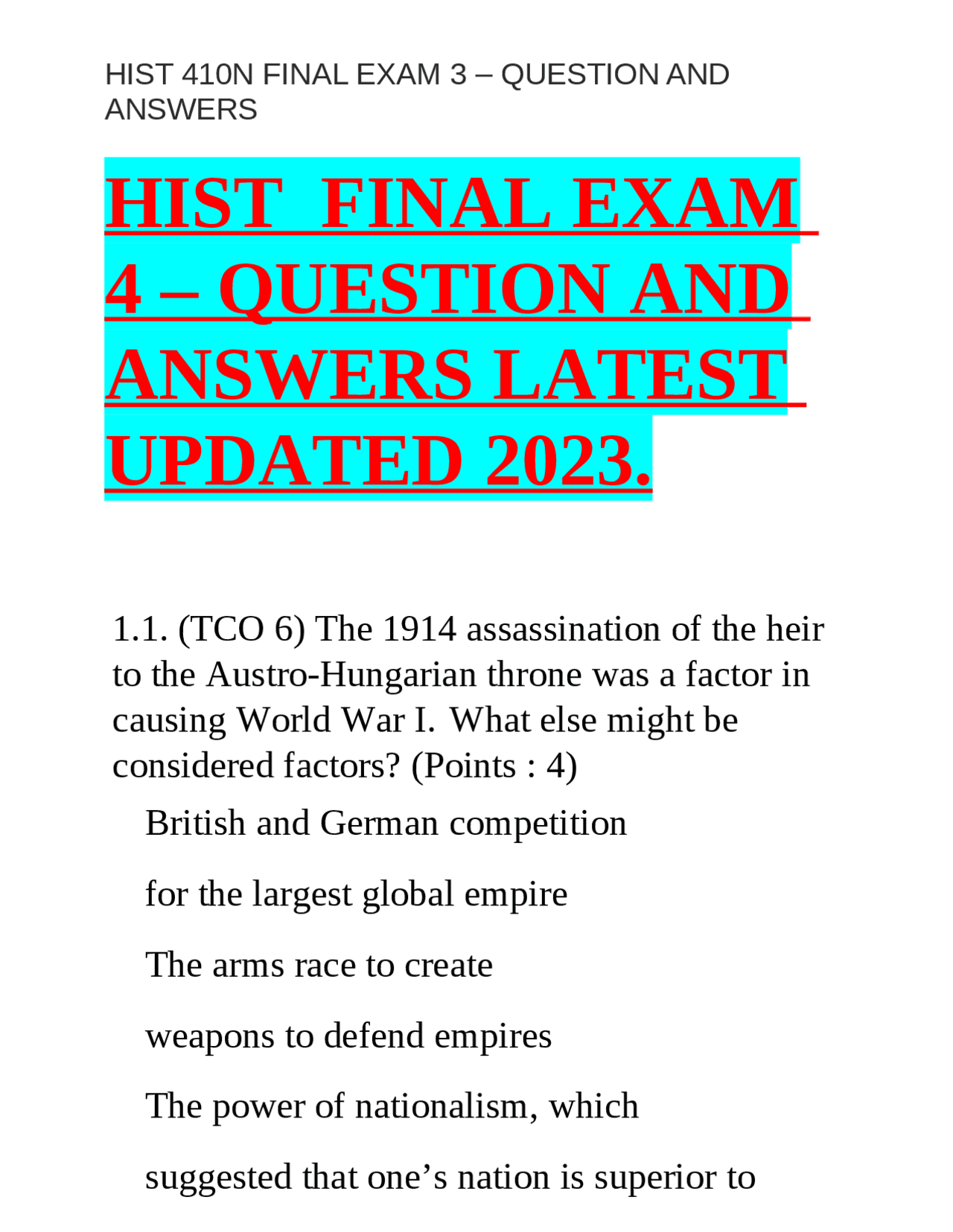 HIST FINAL EXAM 4 – QUESTION AND ANSWERS LATEST UPDATED 2023. | Exams ...