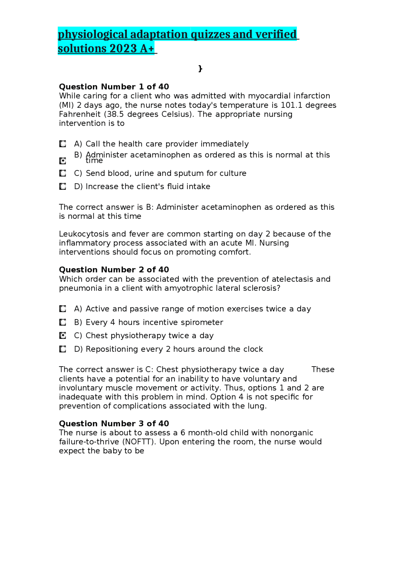 physiological adaptation quizzes and verified solutions 2023 A+ | Exams ...