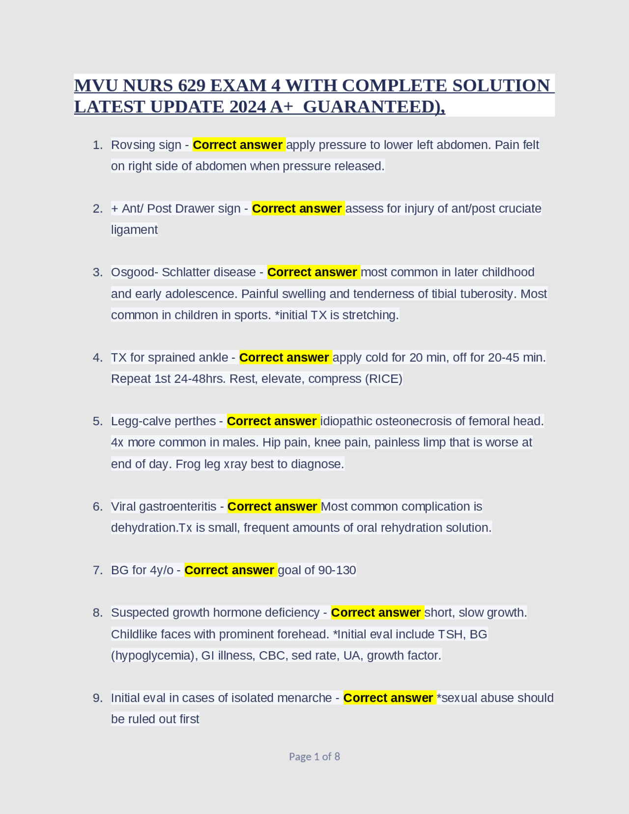 MVU NURS 629 EXAM 4 WITH COMPLETE SOLUTION LATEST UPDATE 2024 A+ ...