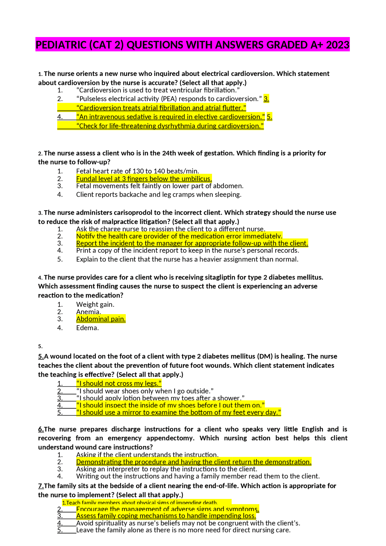 PEDIATRIC (CAT 2) QUESTIONS WITH ANSWERS GRADED A+ 2023 | Exams Nursing ...