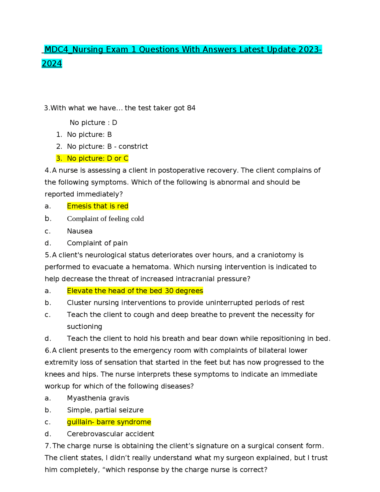 MDC4_Nursing Exam 1 Questions With Answers Latest Update 2023-2024 ...