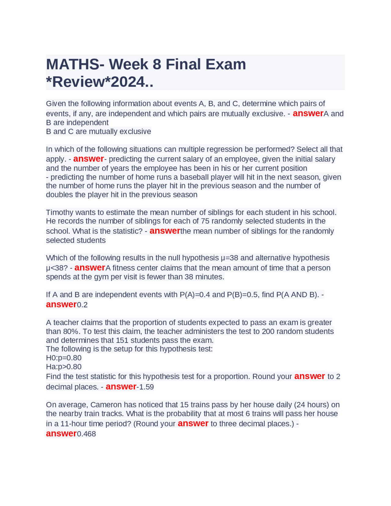 MATHS- Week 8 Final Exam *Review*2024. | Exams Mathematics | Docsity