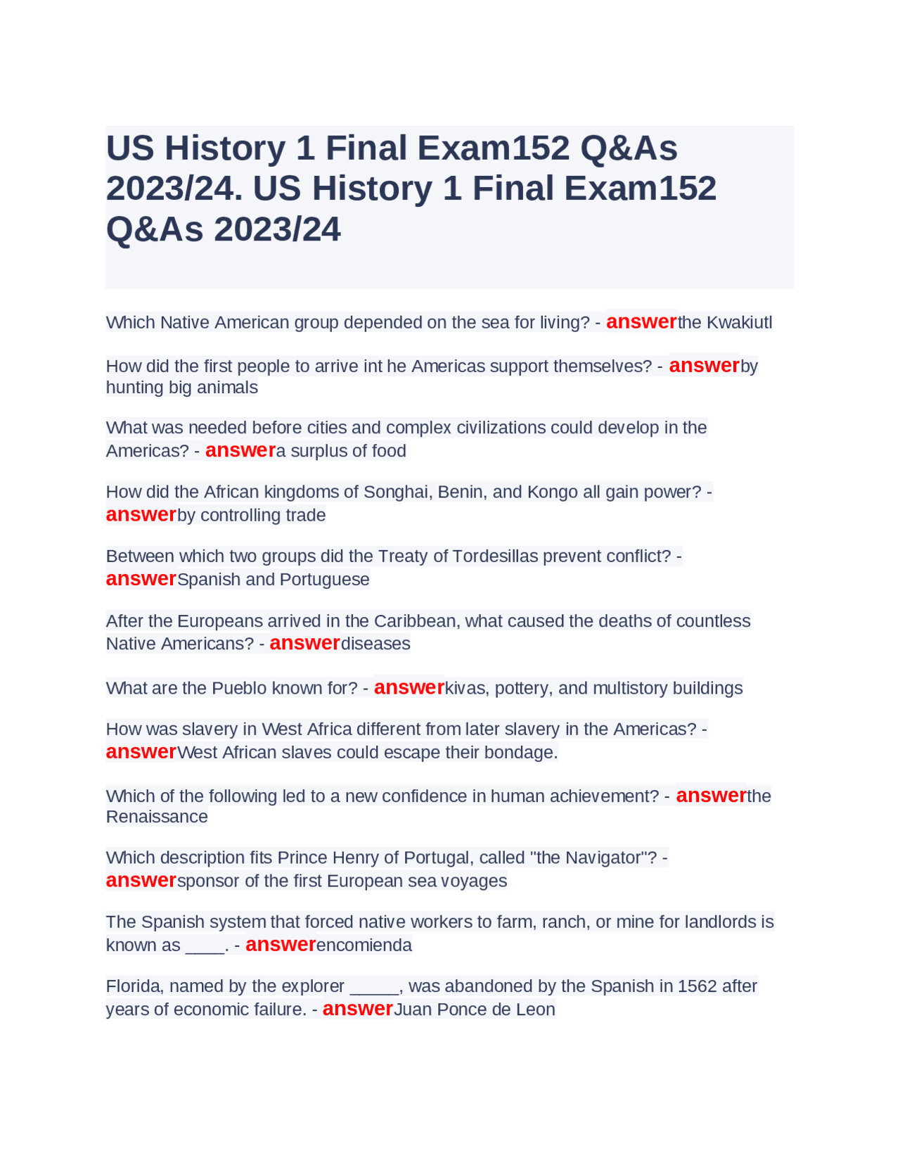 US History 1 Final Exam152 Q&As 2023/24 | Exams Nursing | Docsity