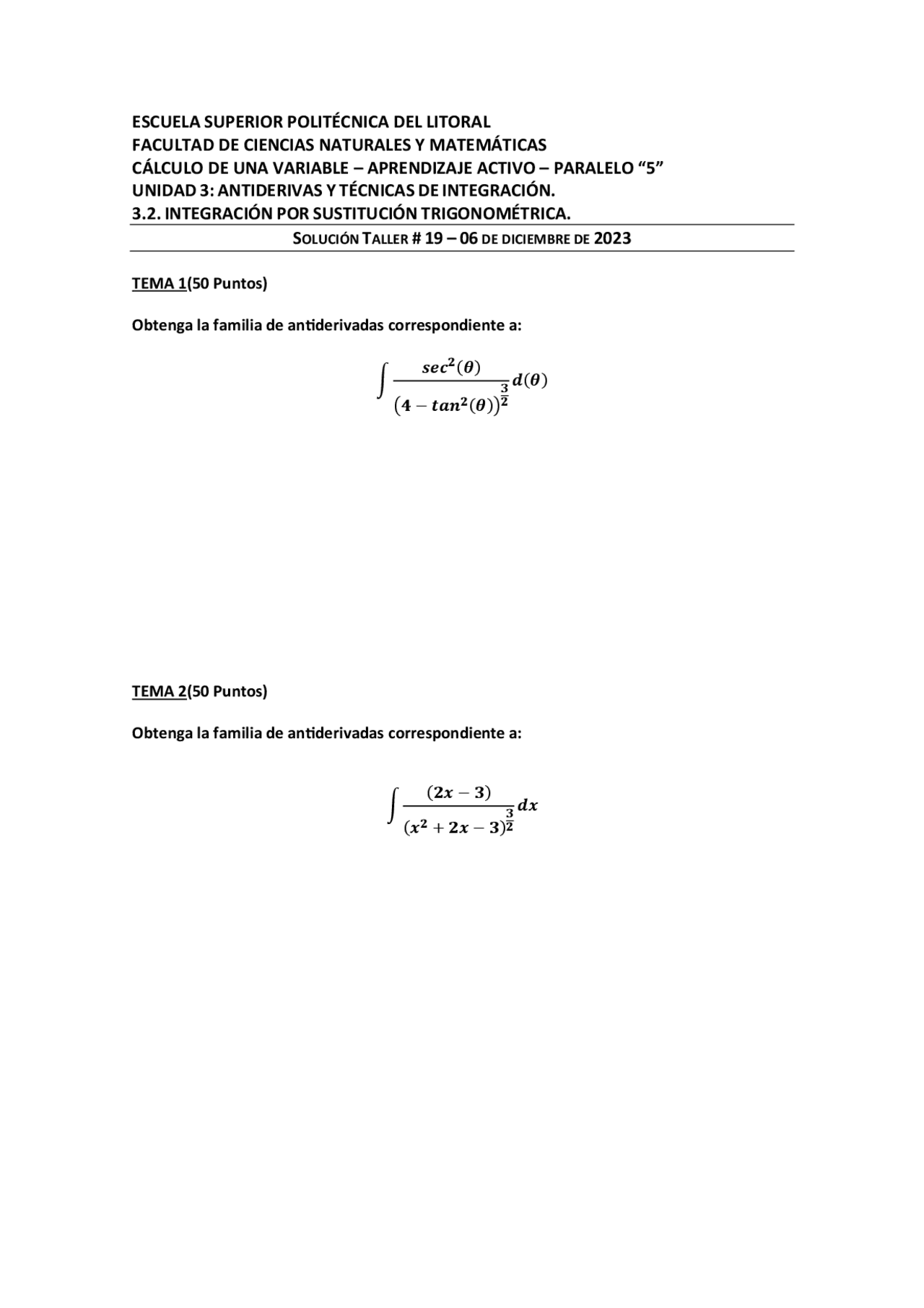 Taller 19 cálculo de una variable | Ejercicios de Cálculo | Docsity