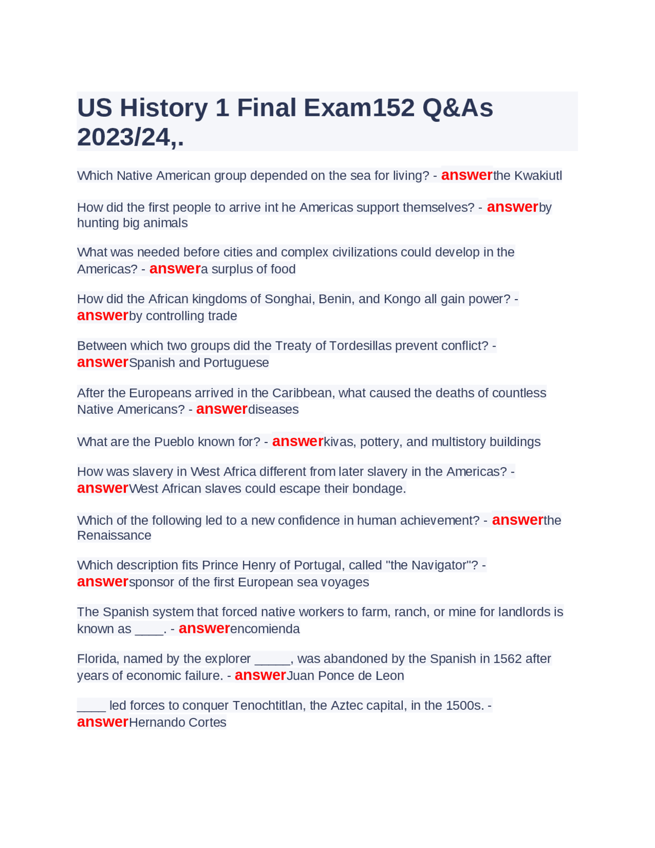 US History 1 Final Exam152 Q&As 2023/24 | Exams Nursing | Docsity