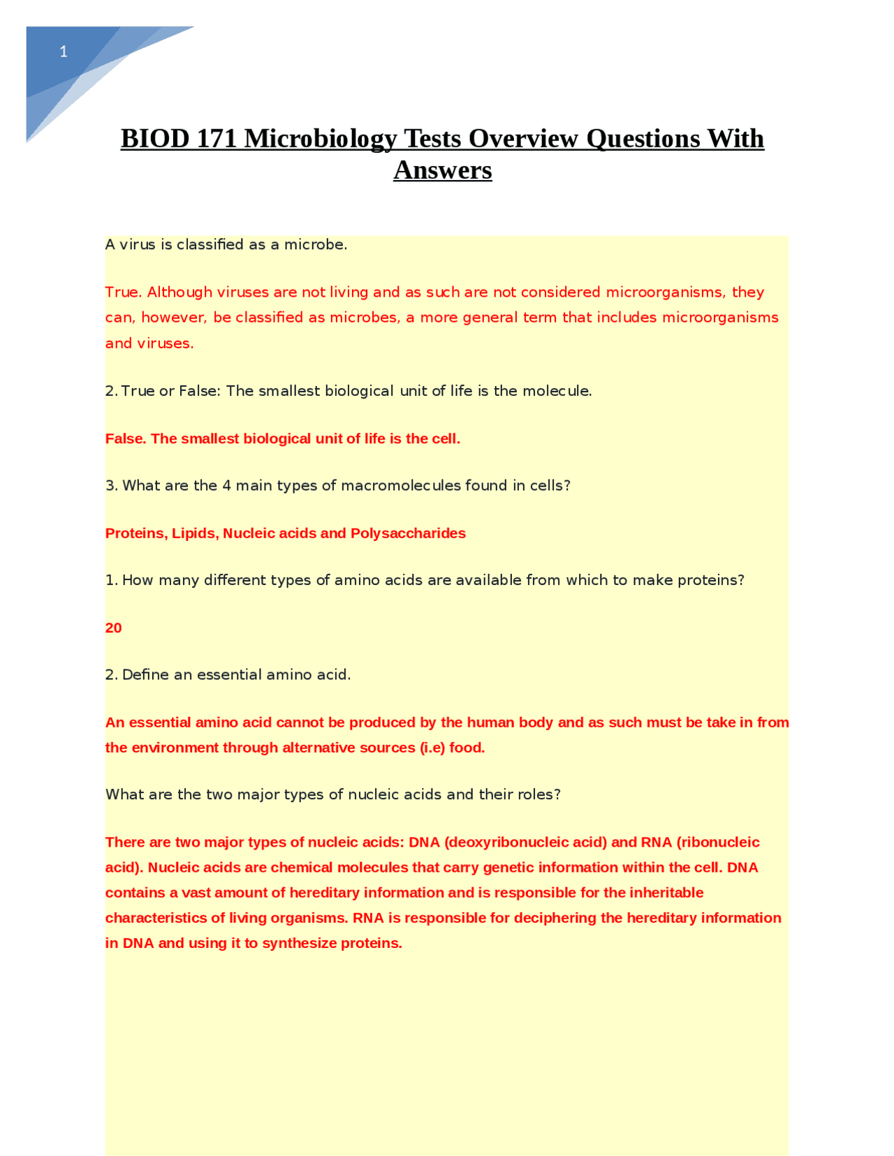 BIOD 171 Microbiology Tests Overview Questions With Answers | Exams ...