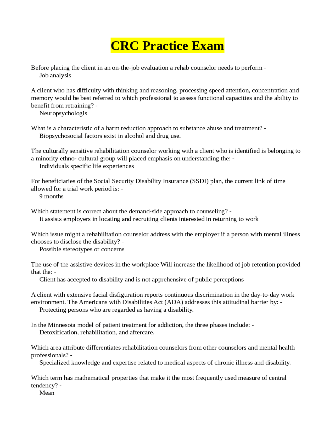 CRC Practice Exam | Exams Psychology | Docsity