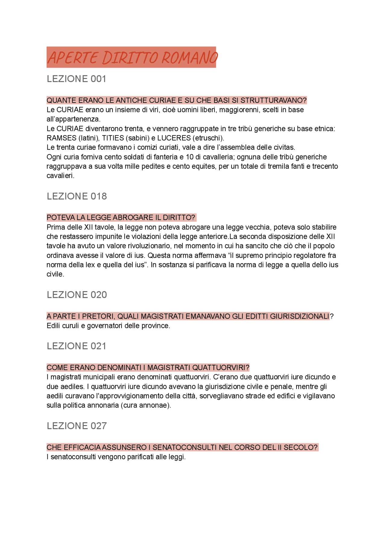 Diritto romano - Risposte Aperte complete per ogni Lezione - esame SUPERATO - AGGIORNATO ...