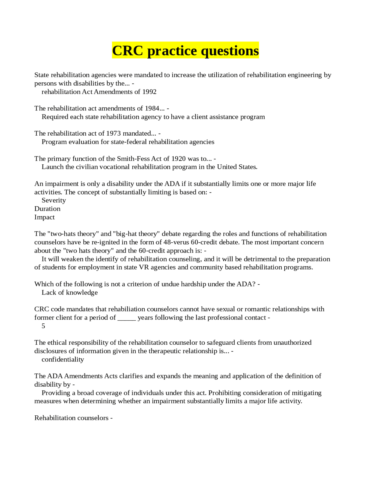 CRC Practice Questions: Rehabilitation Counseling and Disability ...