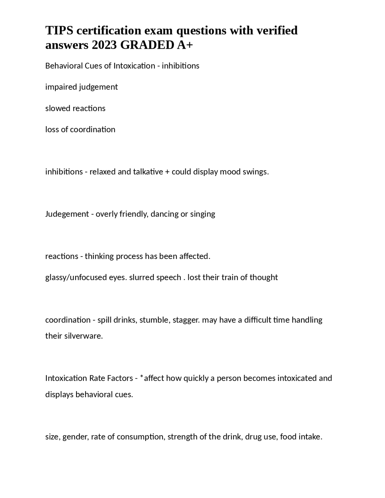 TIPS certification exam questions with verified answers 2023 GRADED A+ ...