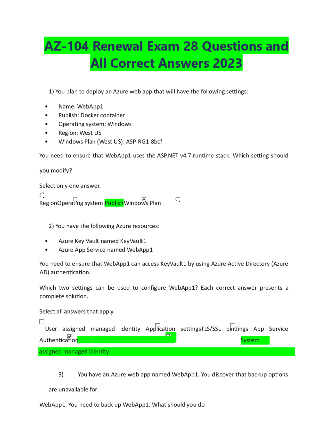 AZ-104 Renewal Exam 28 Questions and All Correct Answers 2023 | Exams ...