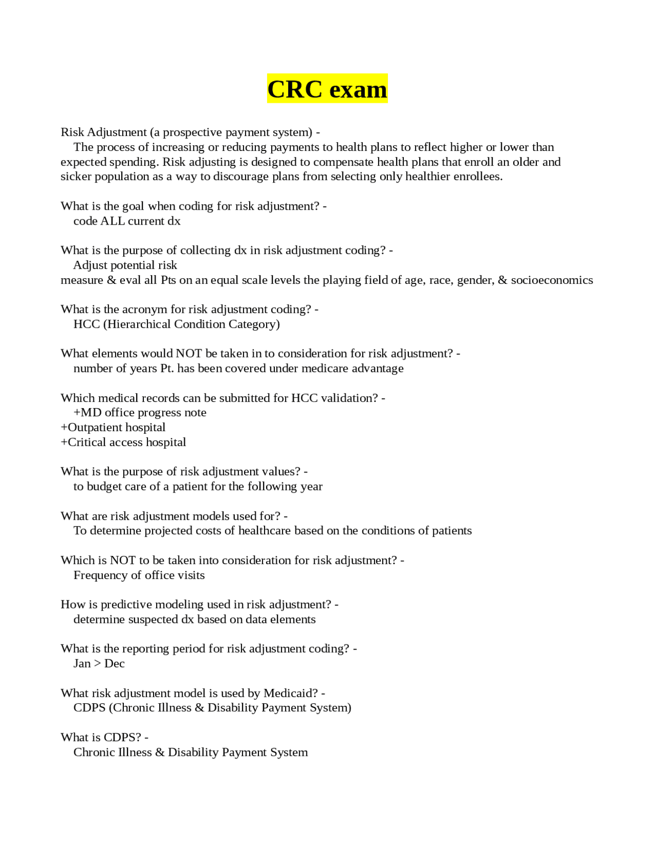 CRC Exam Risk Adjustment | Exams Psychology | Docsity