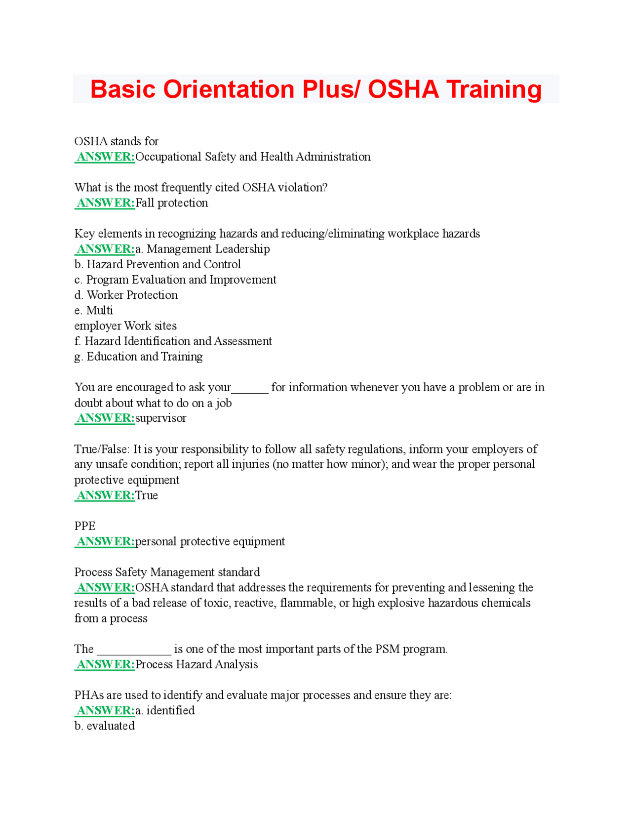 Basic Orientation Plus/ OSHA Training (Latest version 2024) Rated A+ ...