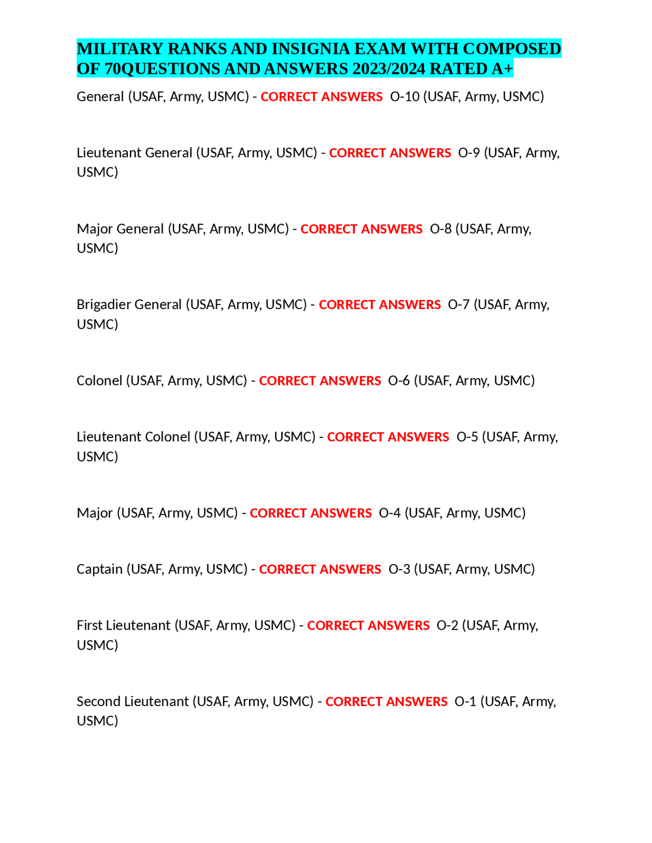 MILITARY RANKS AND INSIGNIA EXAM WITH COMPOSED OF 70QUESTIONS AND ...